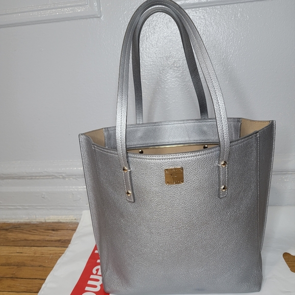 MCM | Bags | Mcm Spike Silver Top Zip Topper Tote | Poshmark